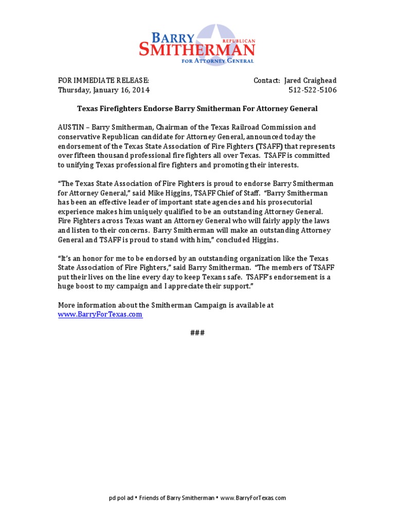 Texas Firefighters Endorse Smitherman | PDF | Politics | Social Science