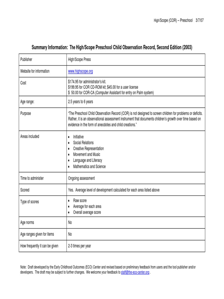 High Scope Preschool-Updated 3-07 | PDF | Preschool | Educational ...