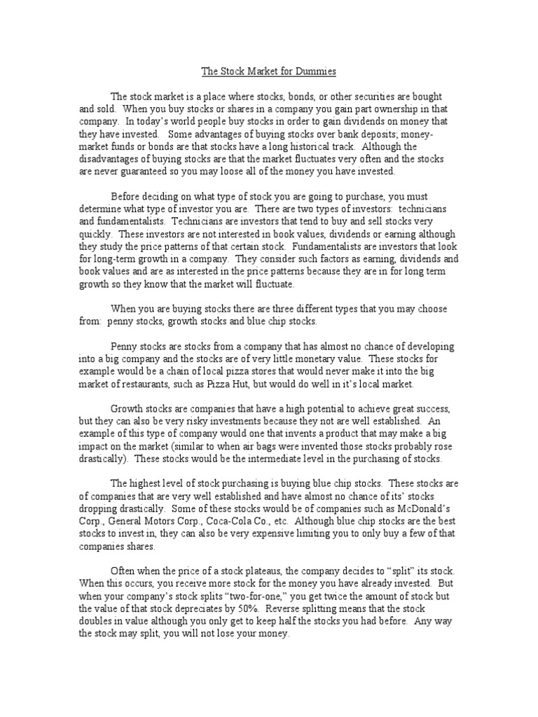 The Stock Market For Dummies | PDF | Stocks | Investor