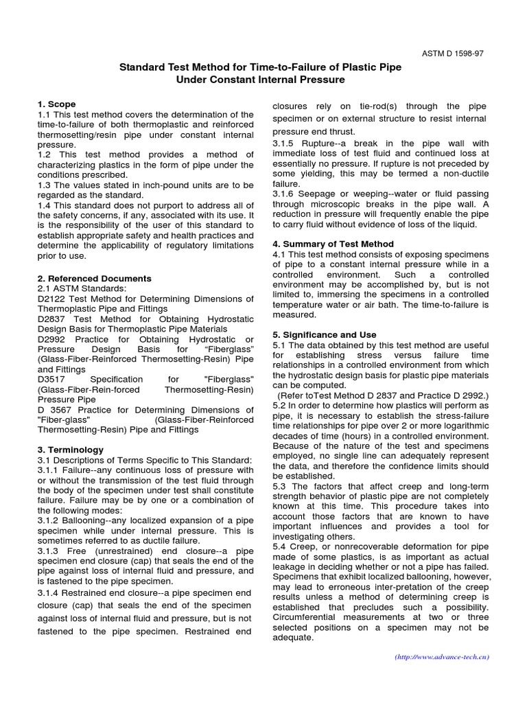 ASTM 1598 - Standard Test Method For Time-to-Failure of Plastic Pipe ...