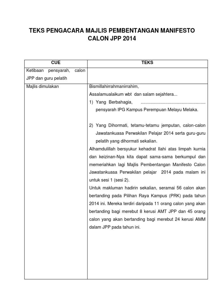 Teks Pengacara Majlis Pembentangan Manifesto Calon JPP 2014 | PDF