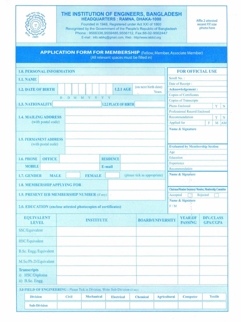 IEB (Institution of Engineers, Bangladesh) Membership Form | PDF ...