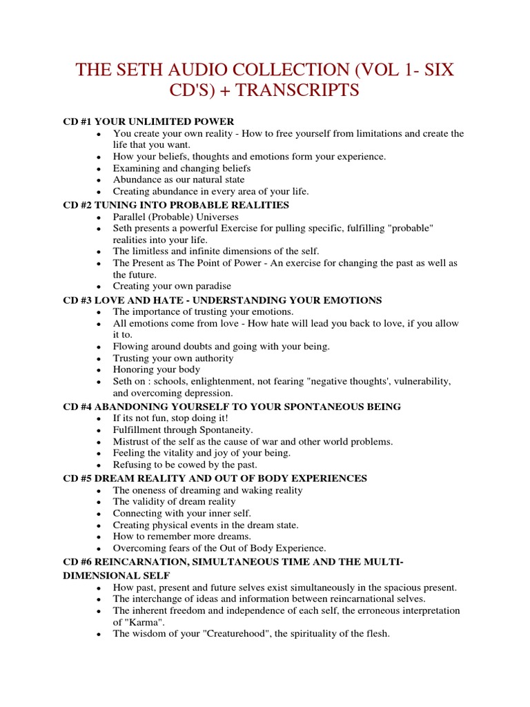 The Seth Audio Collection (Vol 1 - Six CD'S) + Transcripts | PDF ...