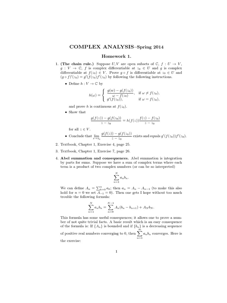 Complex Analysis-: Spring 2014 Homework 1 | PDF | Series (Mathematics ...