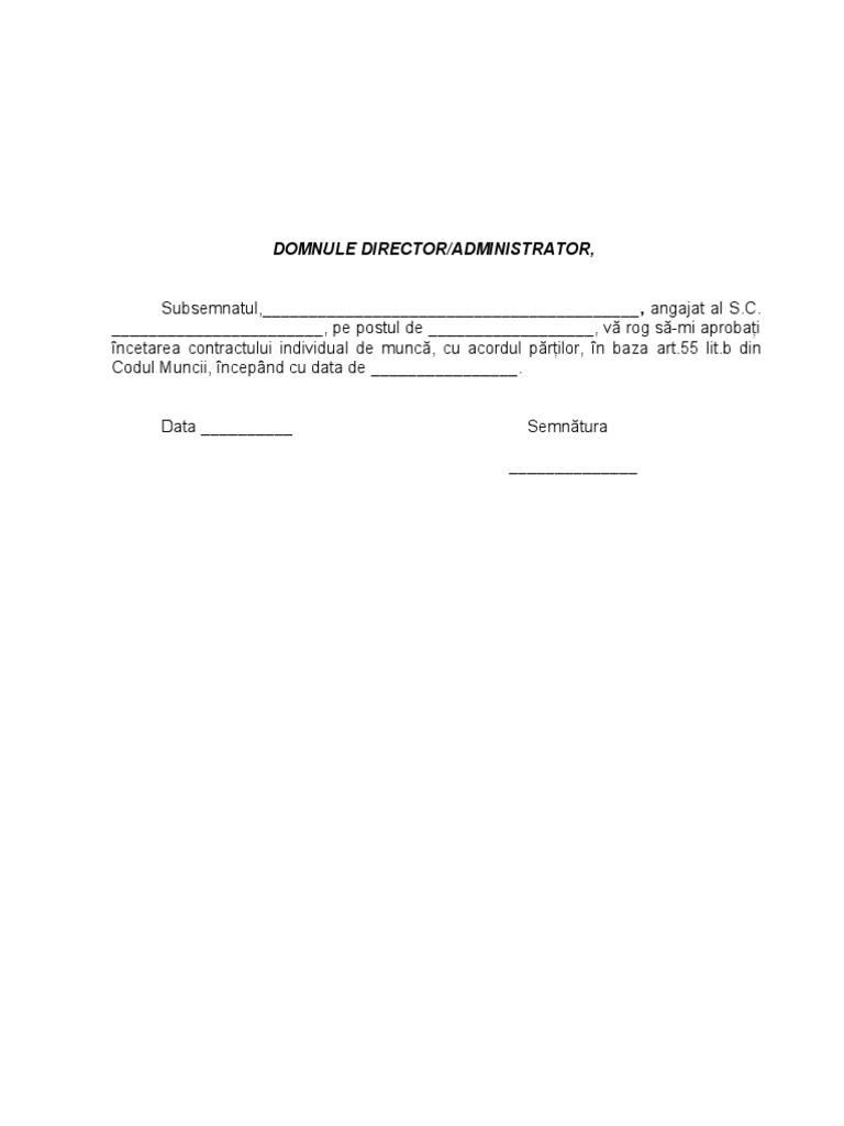 Model Cerere Incetare Contract de Munca Cu Acordul Partilor | PDF