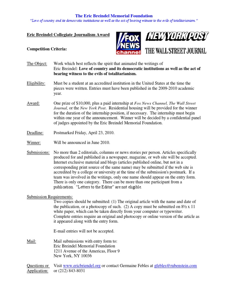Eric Breindel Journalism Award Details | PDF | Journalism | News