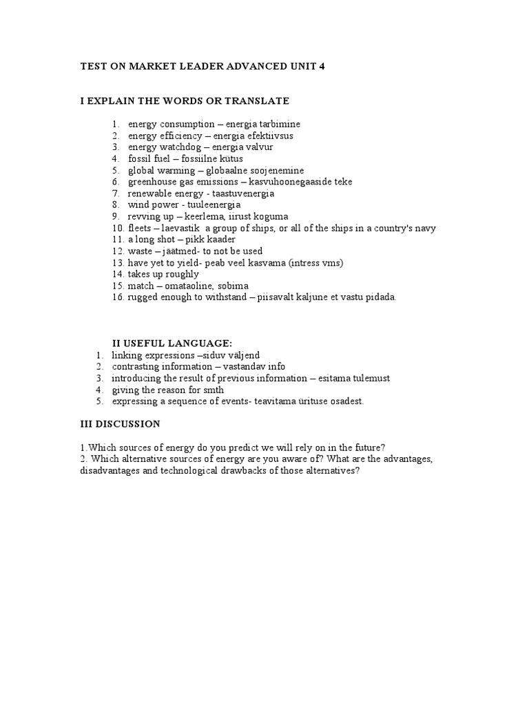 Test On Market Leader Advanced Unit 4 | PDF