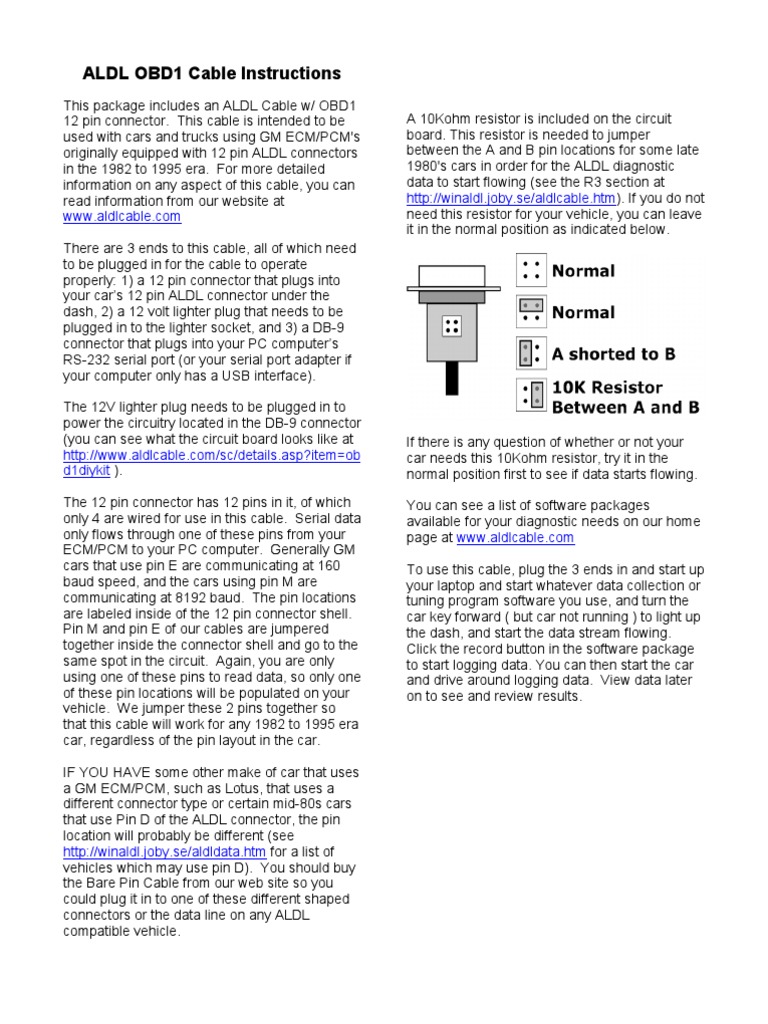 ALDL OBD1 Cable Instructions | Electrical Connector | Office Equipment