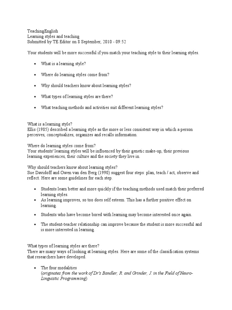 Learning Styles | PDF | Neuropsychology | Behavior Modification