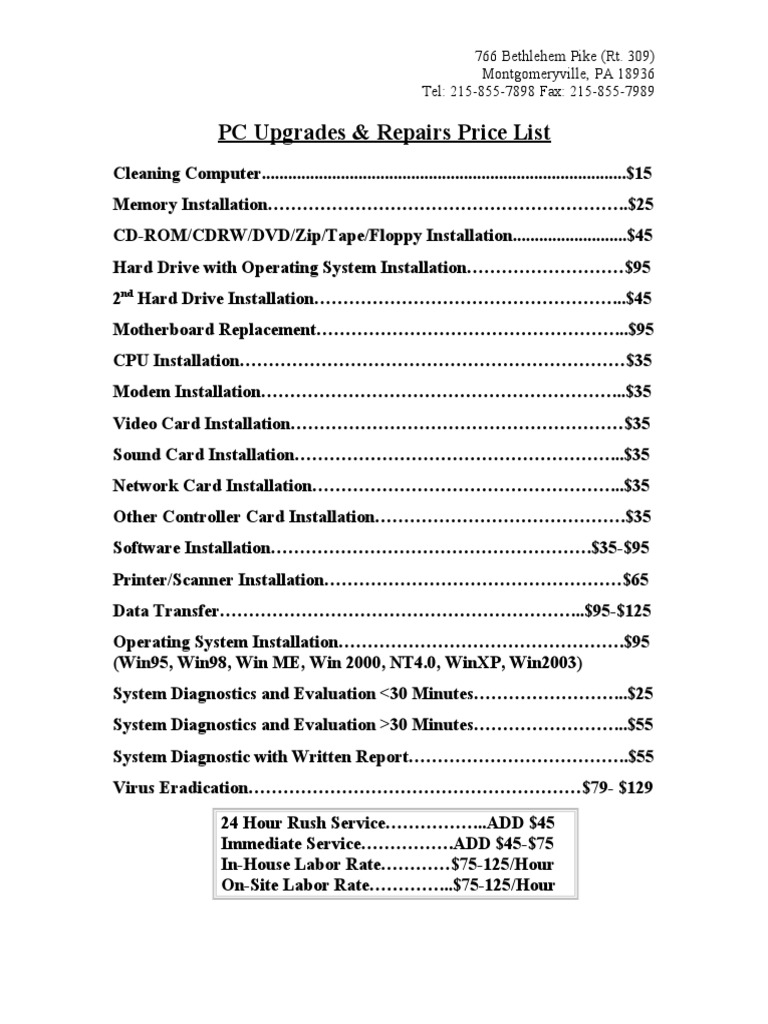 PC Upgrade & Repair Price List | PDF