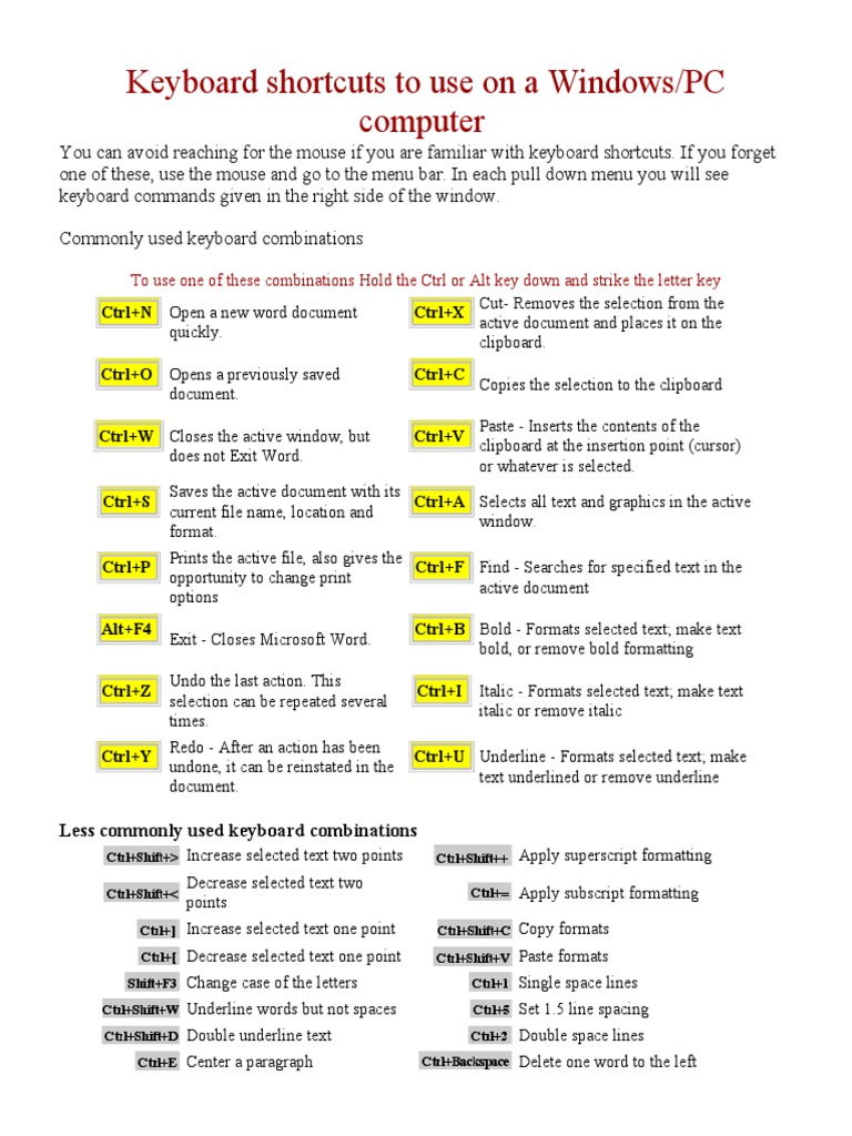 Keyboard Shortcuts To Use On A Windows/PC Computer | PDF | Computer Keyboard | Microsoft Word