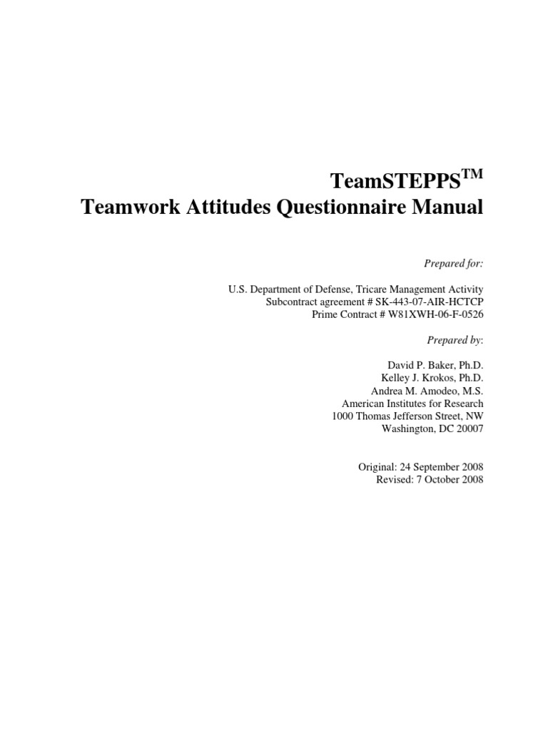 Teamwork Attitudes Questionnaire | PDF | Patient Safety | Leadership