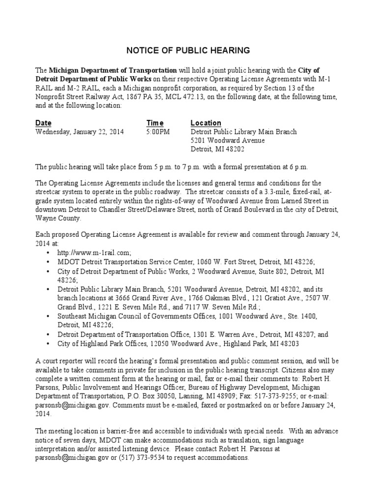 M-1 Rail Notice of Public Hearing Jan 22 2014 | PDF | M 1 (Michigan ...