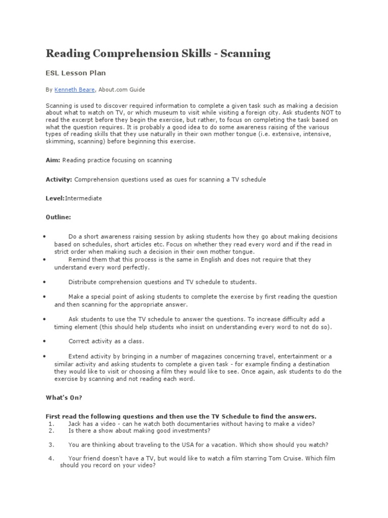 Reading Comprehension Skills - Scanning: ESL Lesson Plan | PDF ...
