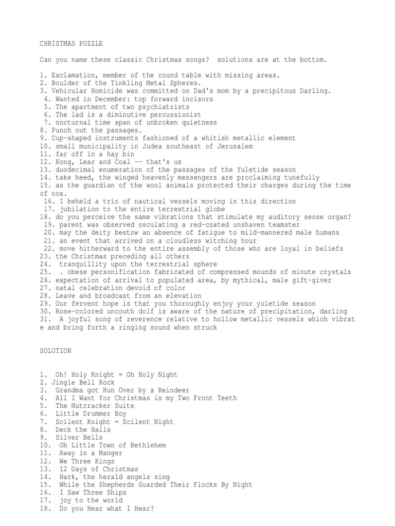 Christmas Song Riddles Challenge | PDF | Christmas Songs | Holiday Songs