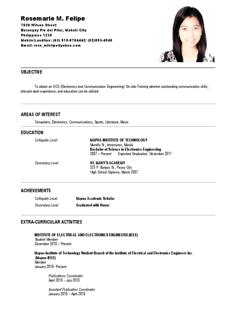 Resume Sample For Fresh Graduates Intern | PDF