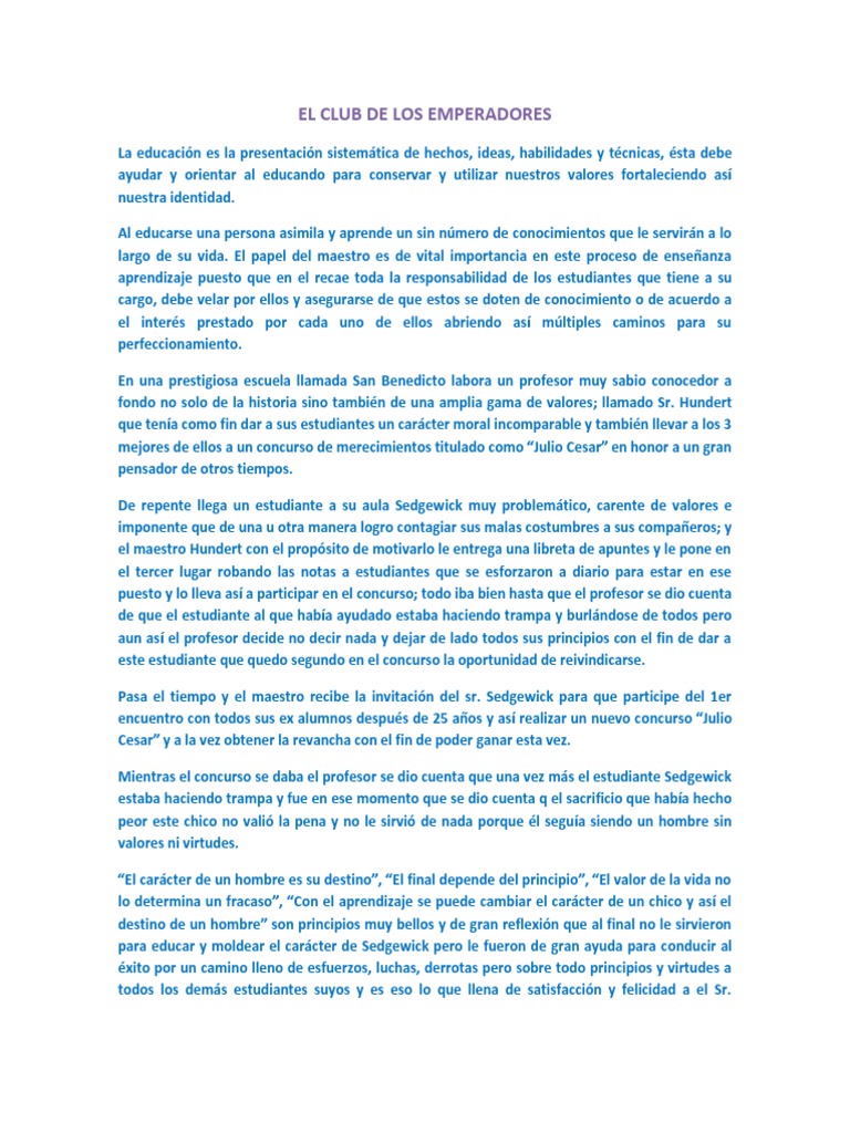 El Club de Los Emperadores Ensayo | PDF | Maestros | Felicidad