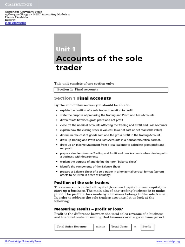 Accounts of The Sole Trader: Unit 1 | PDF | Debits And Credits | Income ...