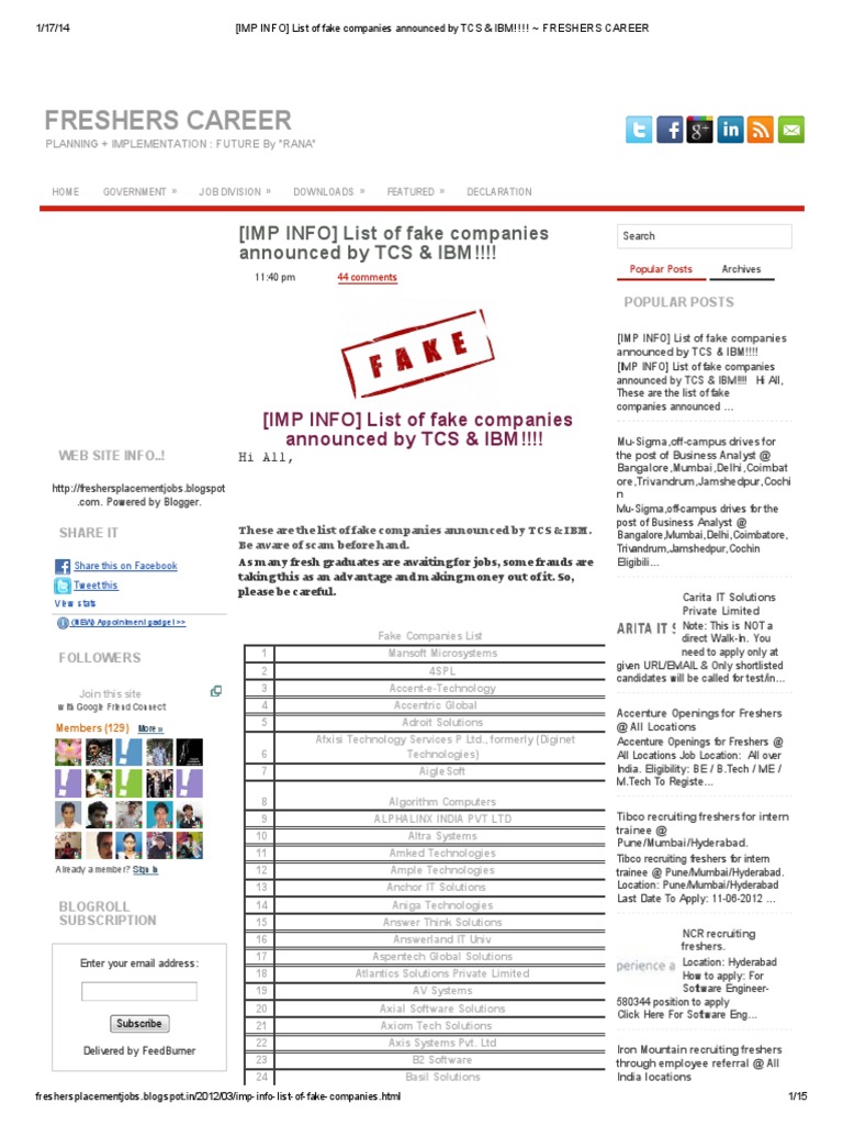 (IMP INFO) List of Fake Companies Announced by TCS & IBM!!!! FRESHERS ...