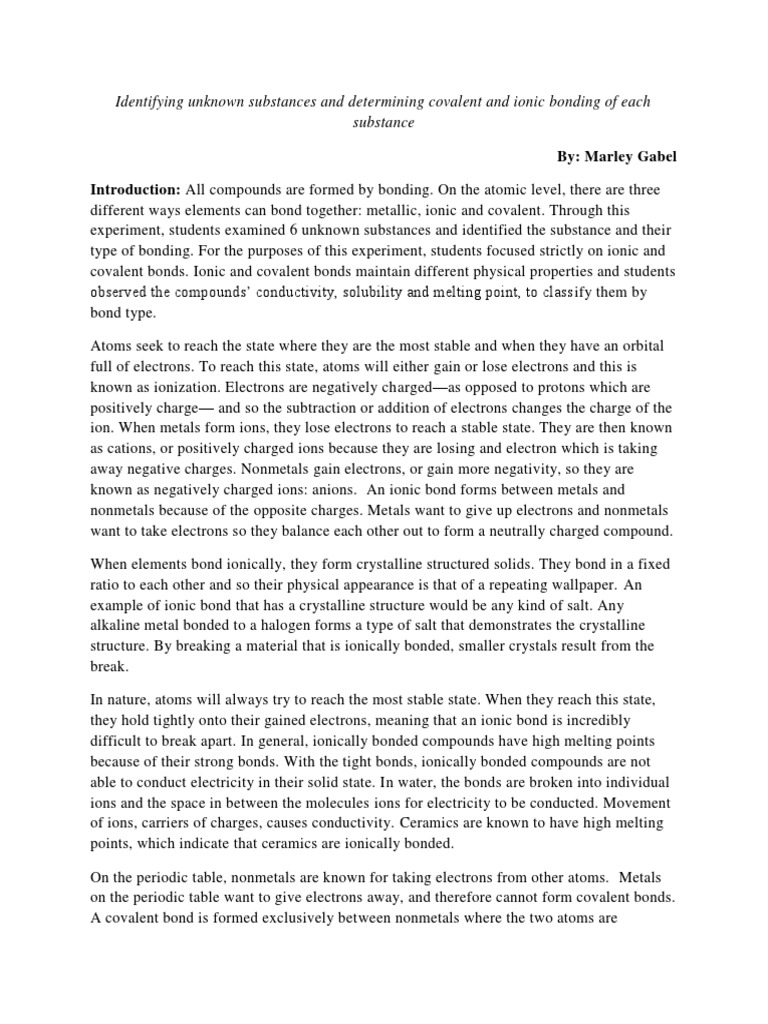 Ionic vs. Covalent Bonding Lab Analysis | PDF | Ion | Ionic Bonding