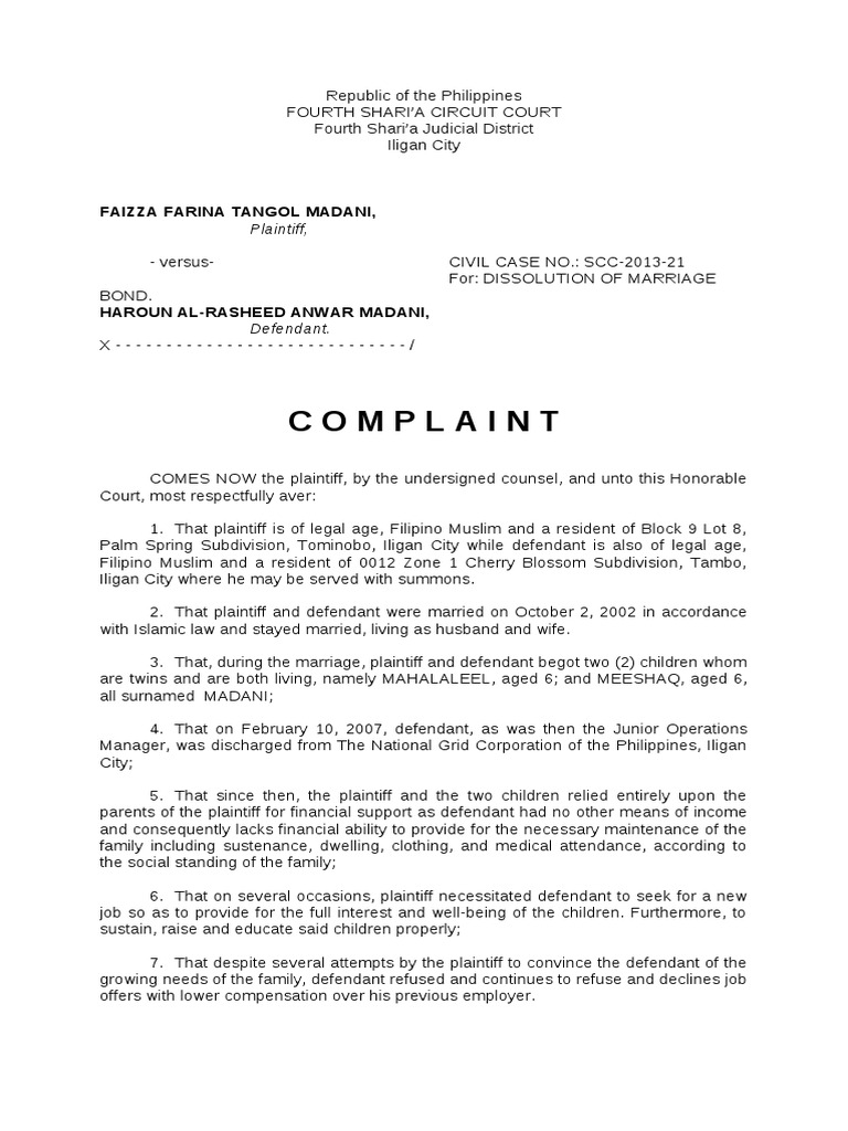 Shari'a Divorce Complaint Example | PDF | Complaint | Legal Documents