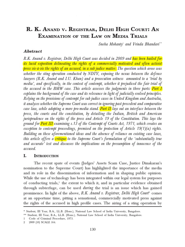 Nalsar Student Law Review Examines RK Anand v Registrar Delhi High ...