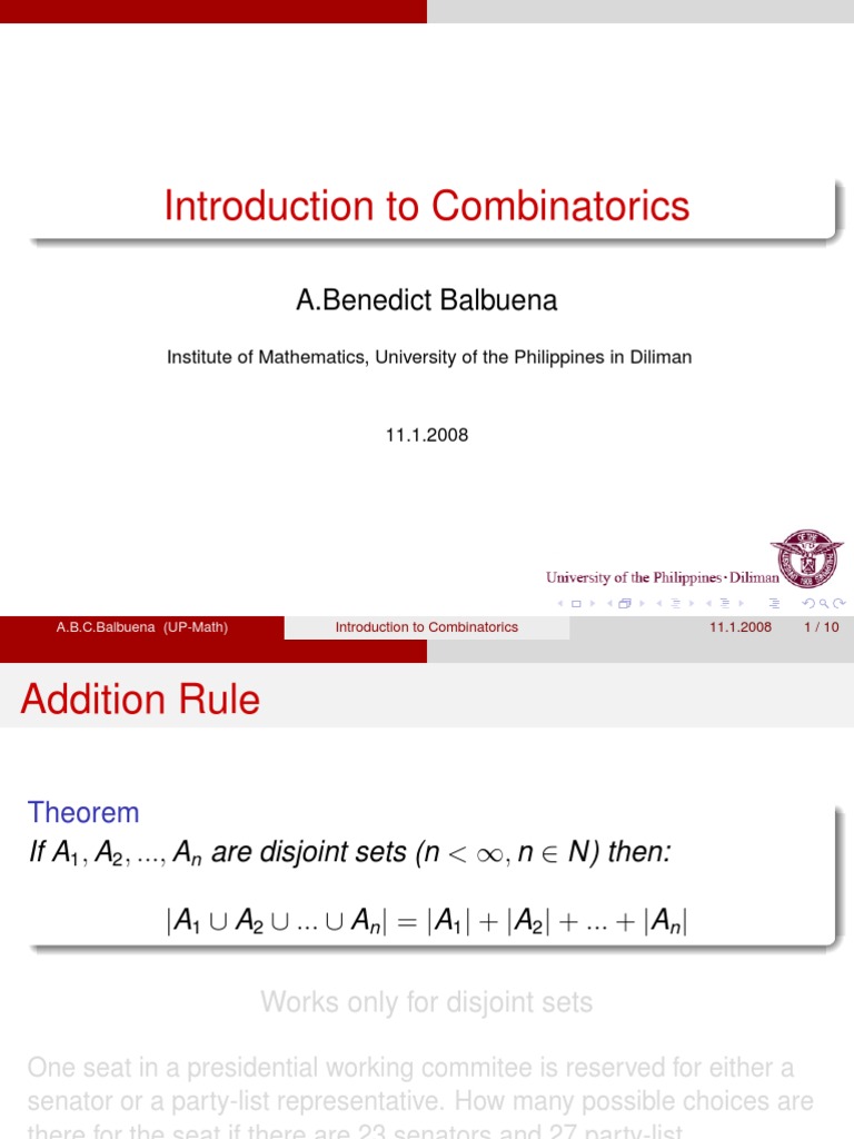 Introduction To Combinatorics: A.Benedict Balbuena | PDF | Mathematical Concepts | Logic