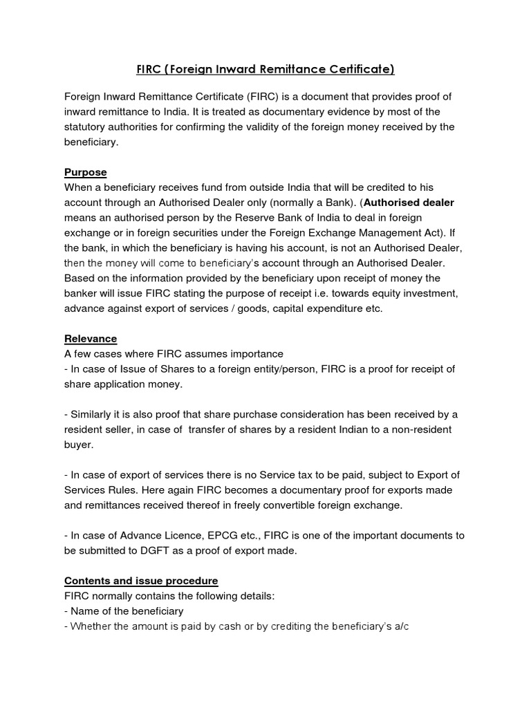 Understanding FIRC: Key Document for Remittances | PDF