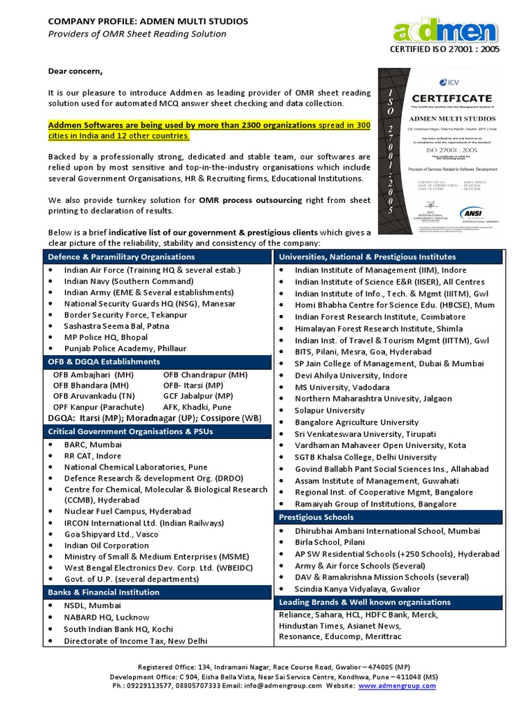 OMR Form Reader - ADDMEN OMR COMPANY PROFILE | PDF | Government Of ...