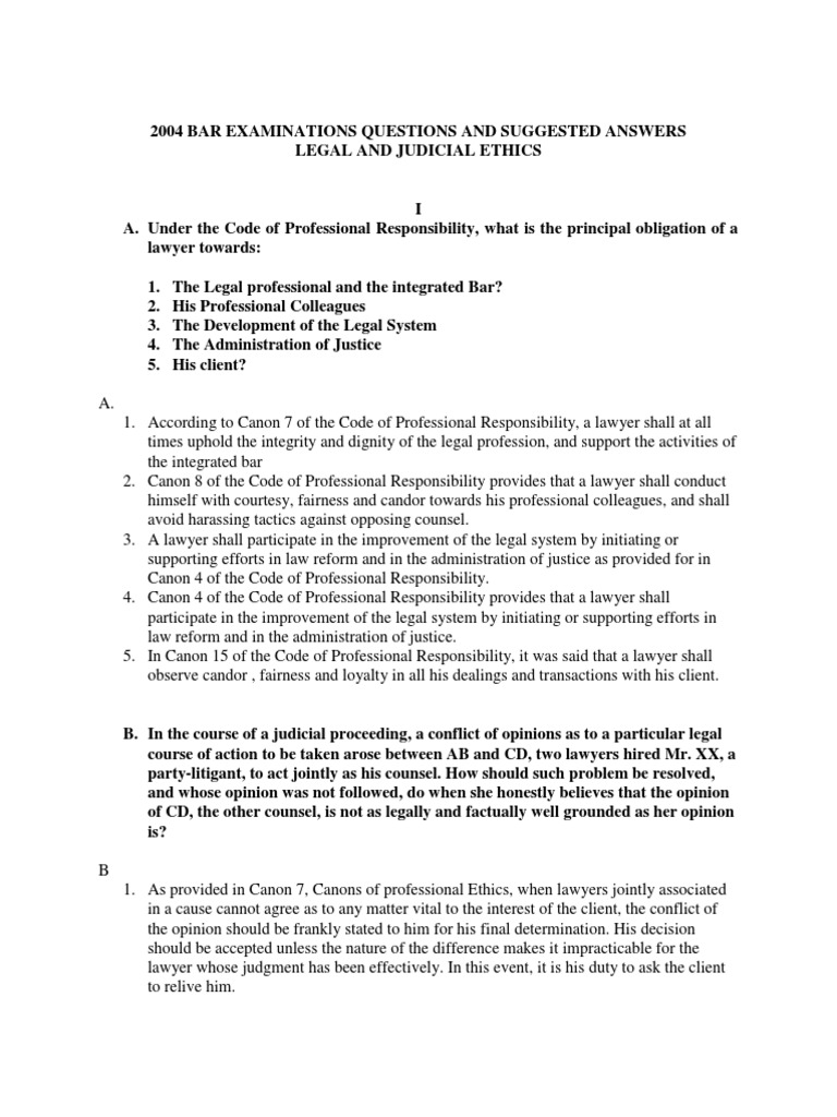 2004 BAR EXAM LEGAL AND JUDICIAL ETHICS QUESTIONS | PDF | Lawyer ...