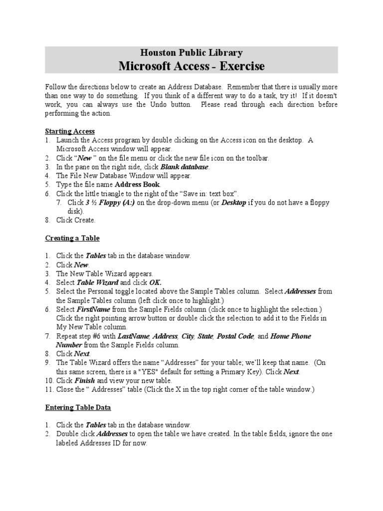 Microsoft Access Exercise | Microsoft Access | Desktop Environment