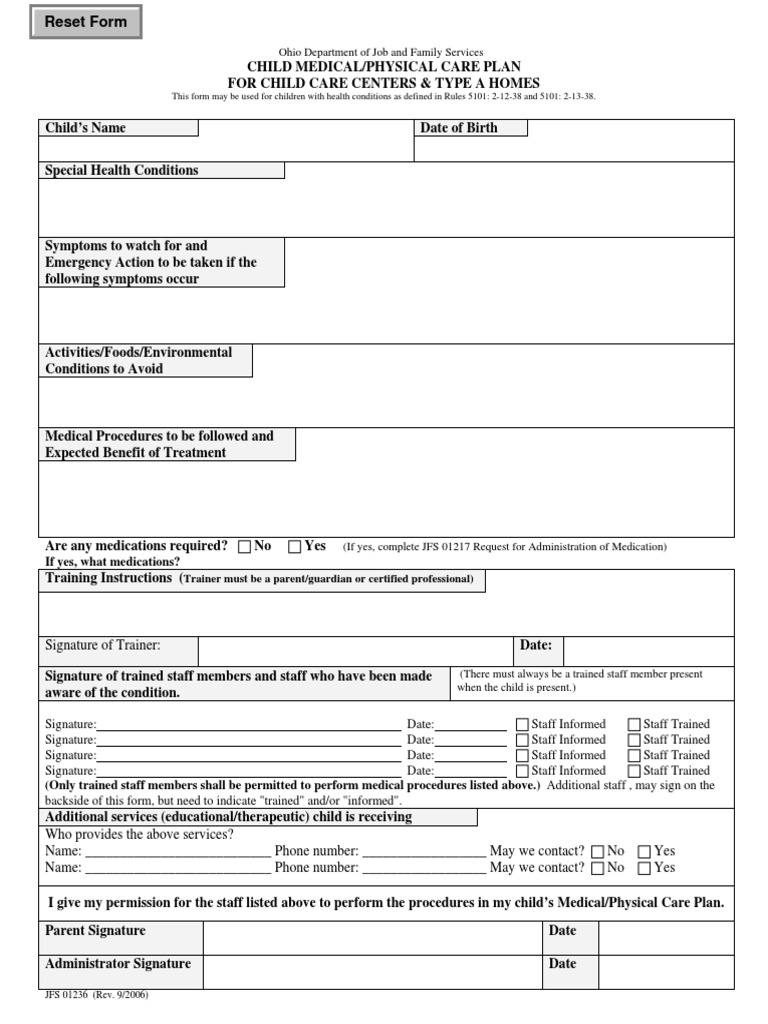 ODJFS Child Medical Care Plan Form | PDF