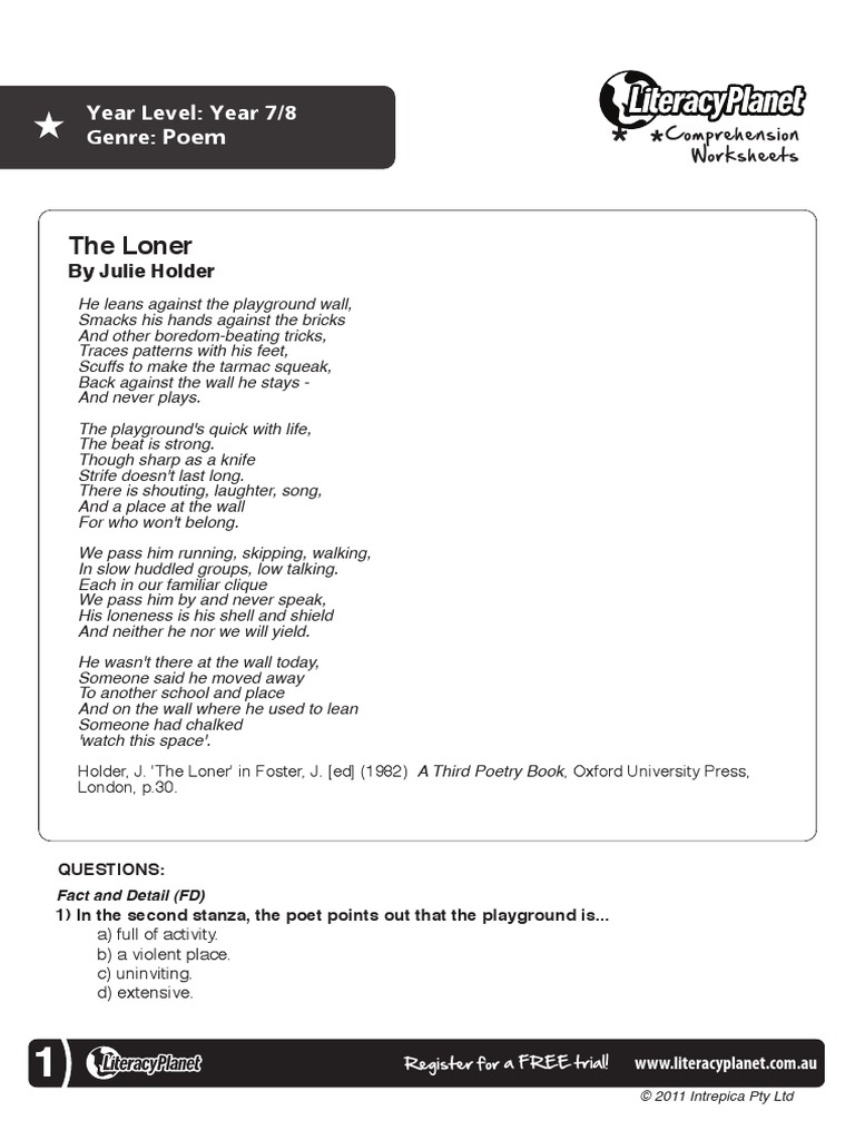 Loner - Comprehension Worksheet | PDF | Poetry