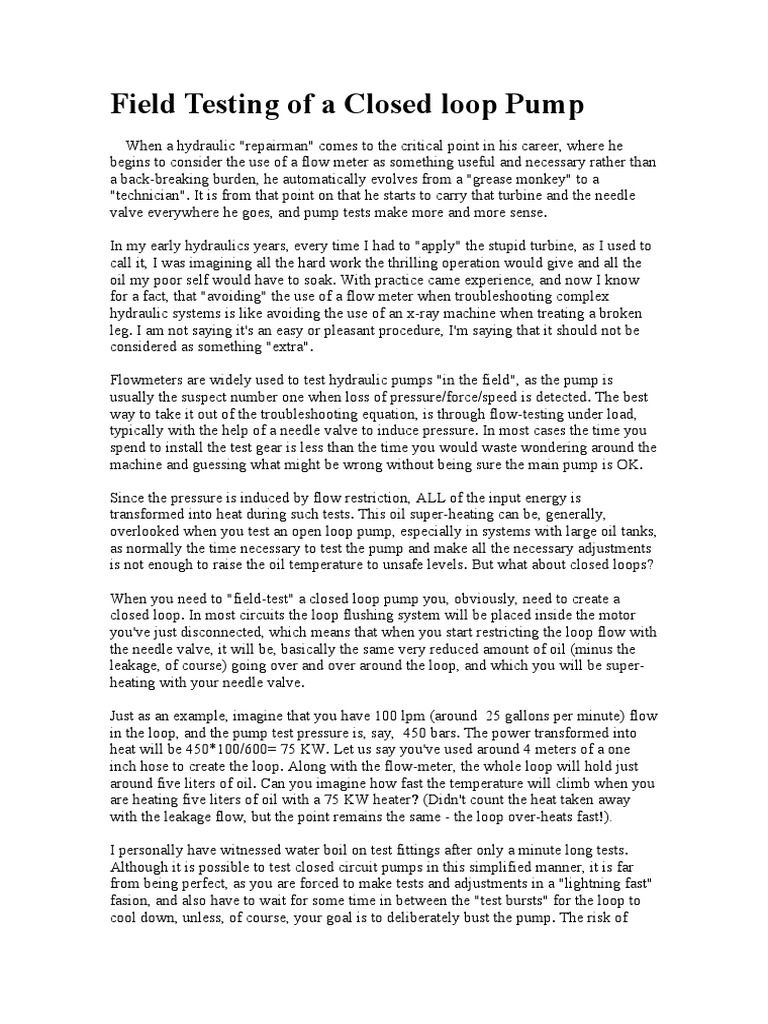 Field Testing Of A Closed Loop Pump Pdf Pump Valve