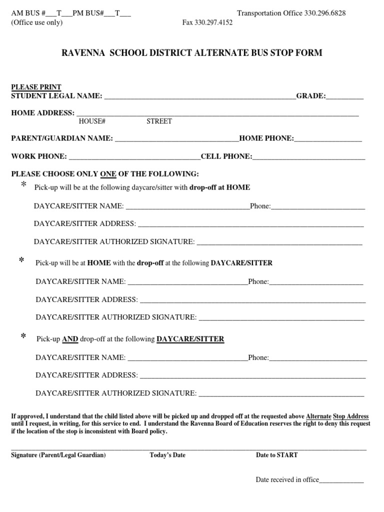 Ravenna School District Bus Stop Form | PDF