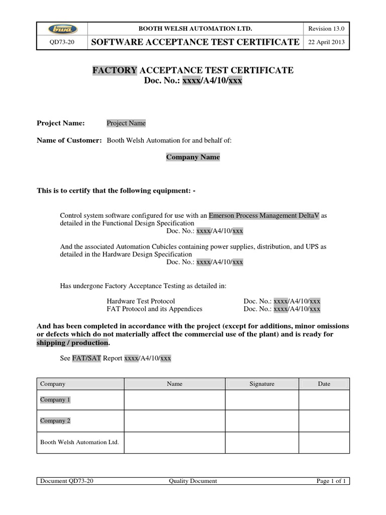 Software Factory Acceptance Certificate | PDF