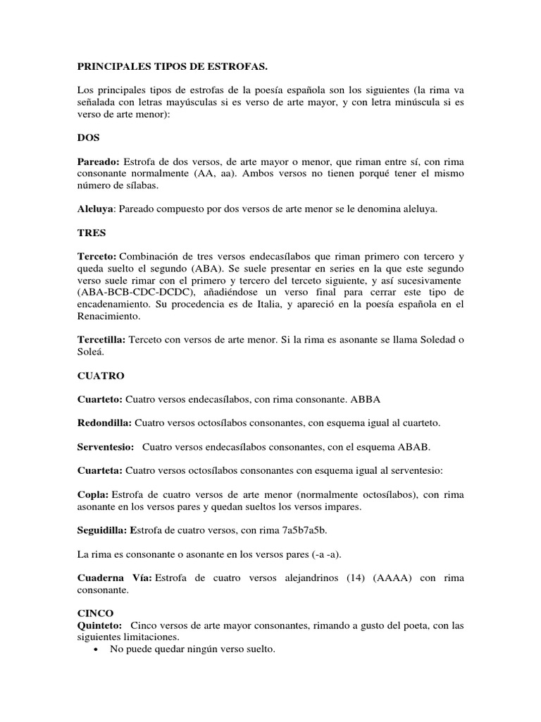 Principales Tipos de Estrofas | PDF | Arte | Clásicos