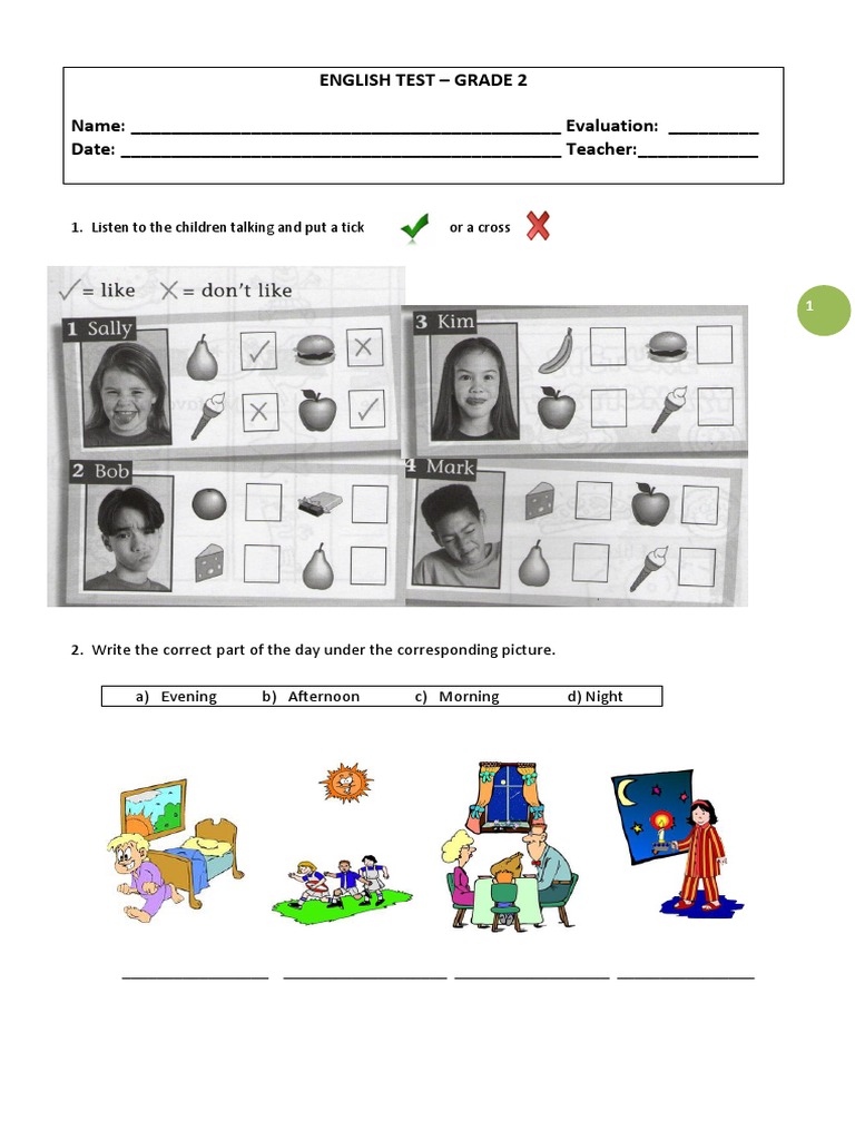 English Test - Grade 2 Name: - Evaluation: - Date: - Teacher | PDF ...