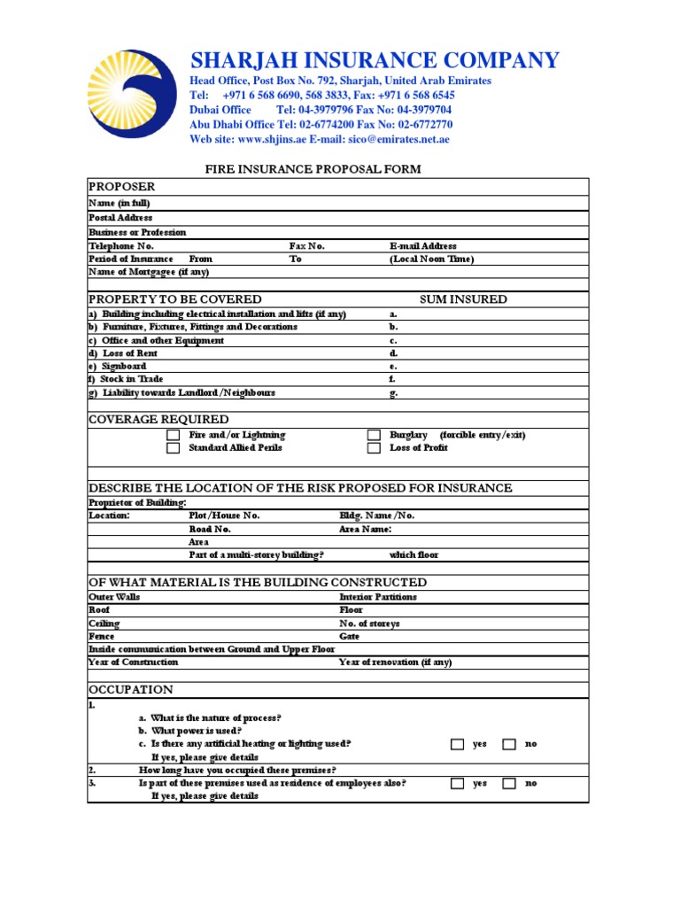 Fire Insurance Proposal Form | PDF | Insurance | Fire Sprinkler System