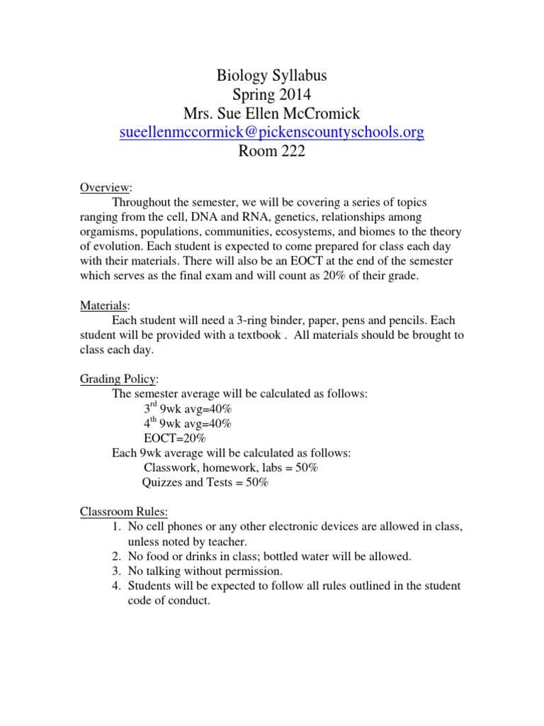 Spring 2014 Biology Syllabus Overview | PDF | Science & Mathematics