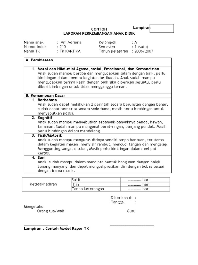 Contoh Laporan Perkembangan Anak Didik | PDF