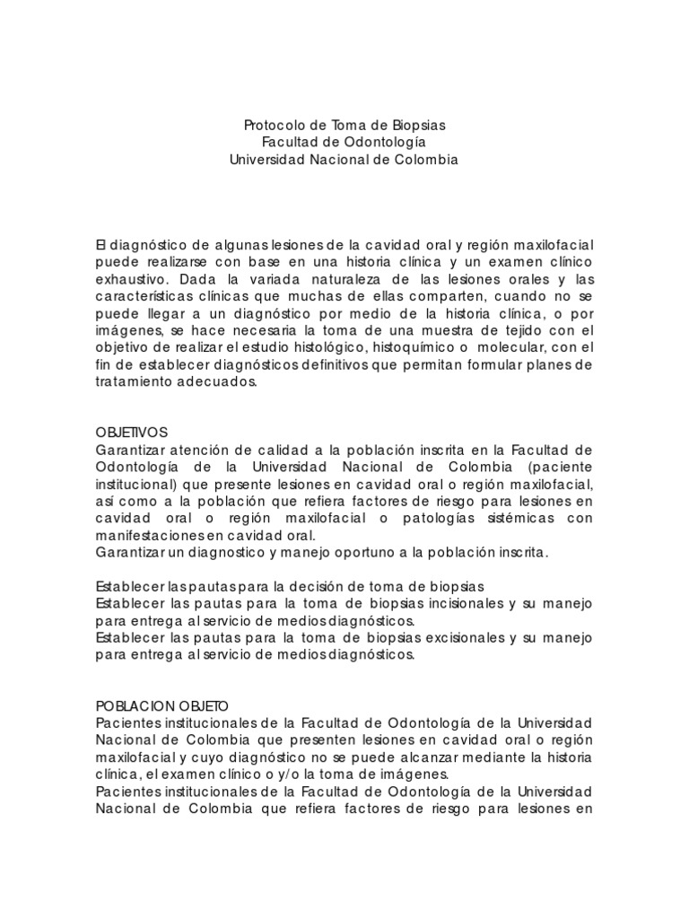 Protocolo para la toma de biopsias en la Facultad de Odontología de la Universidad Nacional de ...