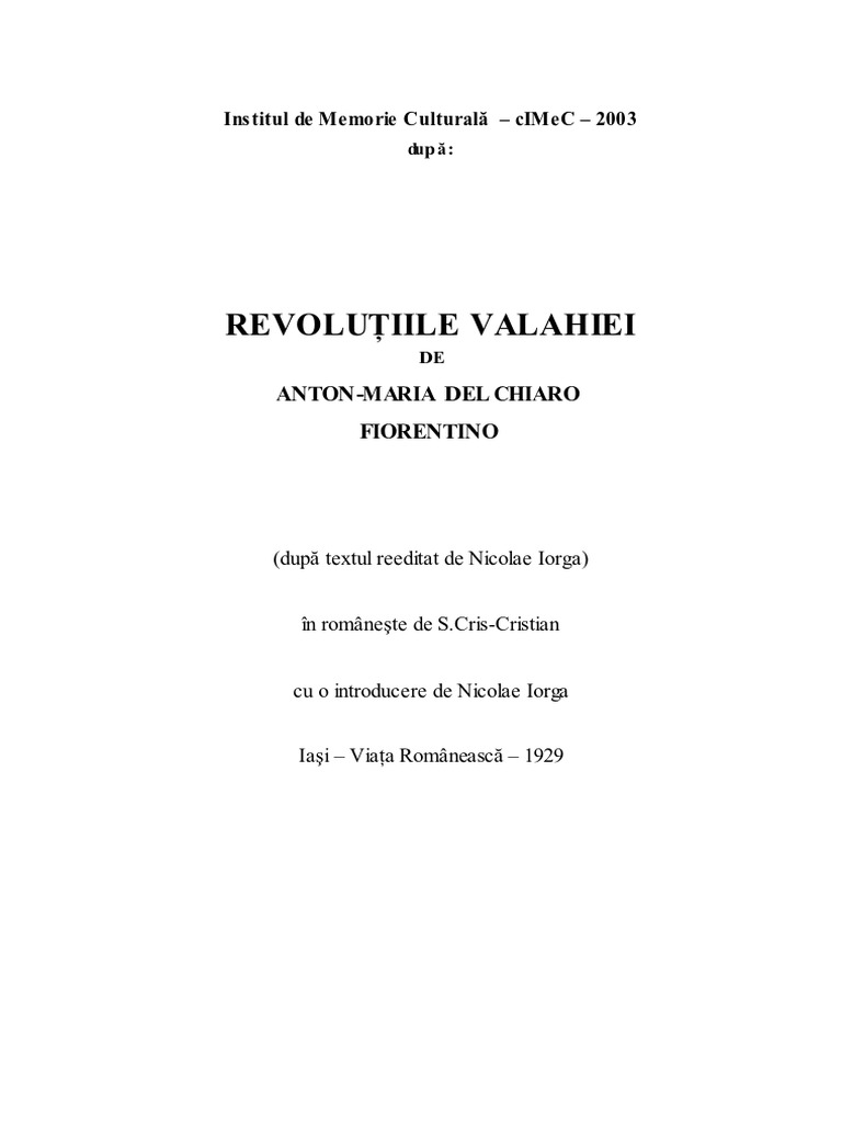 Anton Maria Del Chiaro Fiorentino - Revolutiile Valahiei | PDF | Business