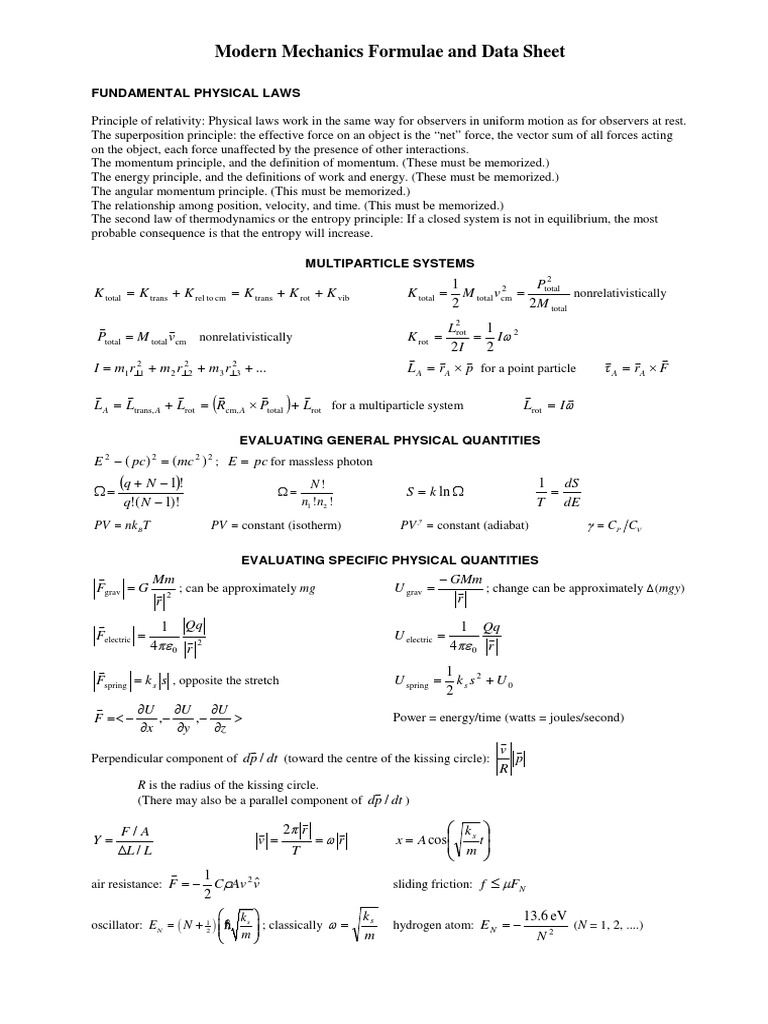 MM Formulae | PDF | Momentum | Force