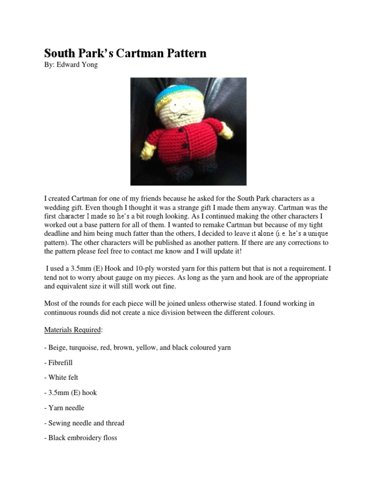 South Park Cartman Amigurumi Pattern | Download Free PDF | Embroidery ...