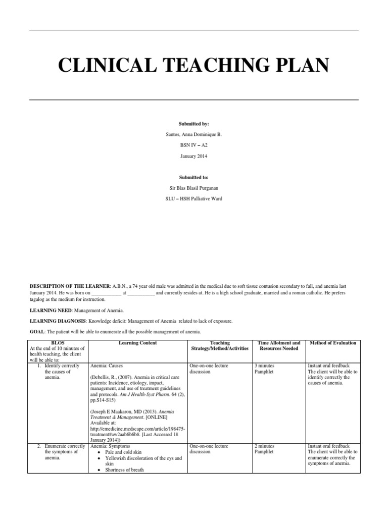 Treatment and Management of Anemia - Teaching Plan | Anemia | Nursing