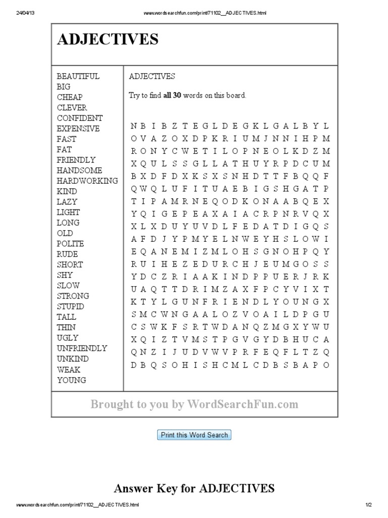 Word Search Puzzle: Adjectives List | PDF
