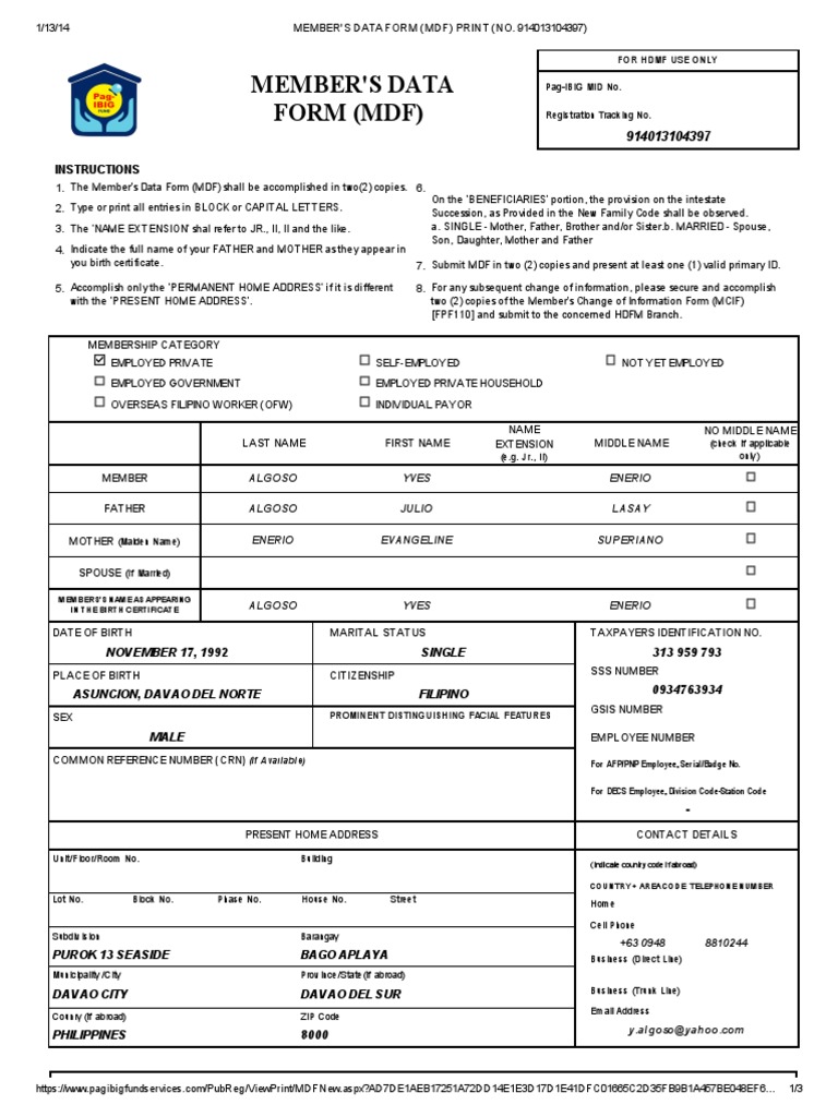 Member's Data Form (Data MDF) Print (No | PDF