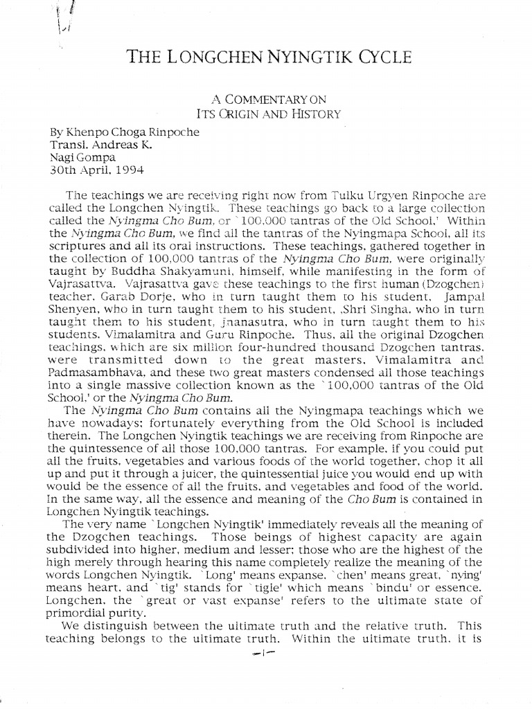 The Longchen Nyingtik Cycle - Khenpo Choga | PDF | Dzogchen | Padmasambhava