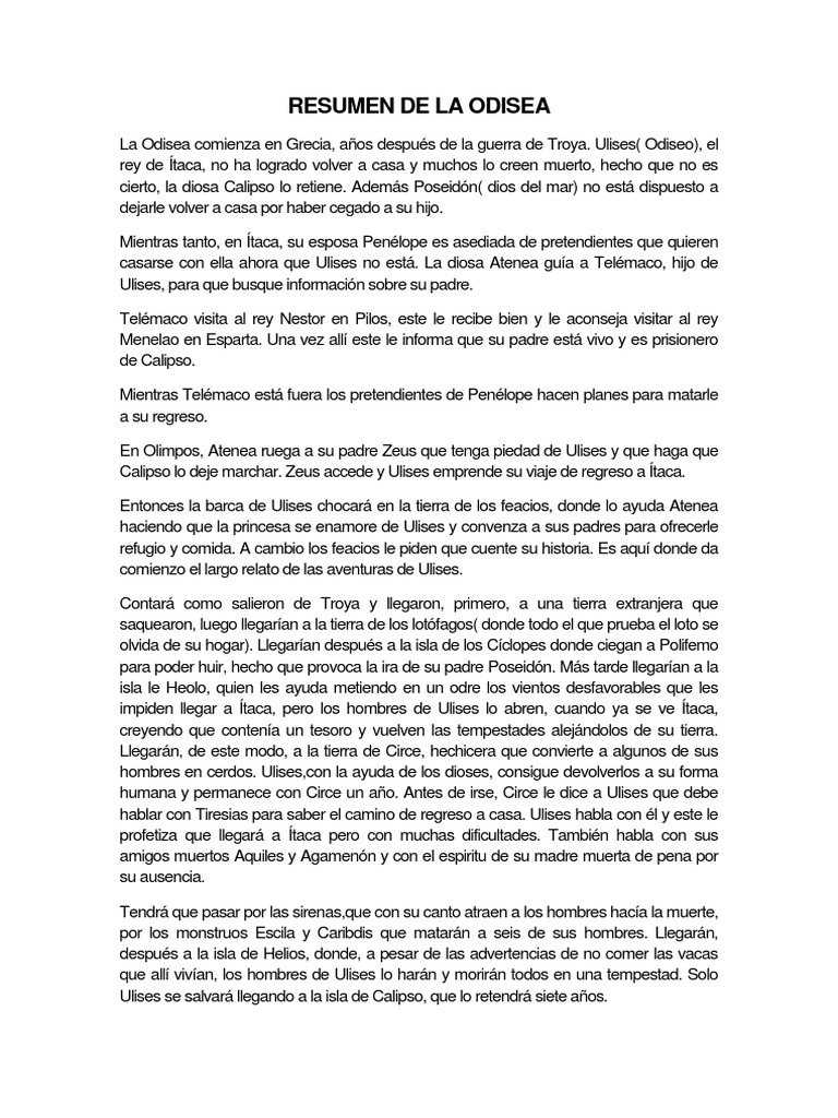 Resumen de La Odisea | PDF | Odiseo | Odisea
